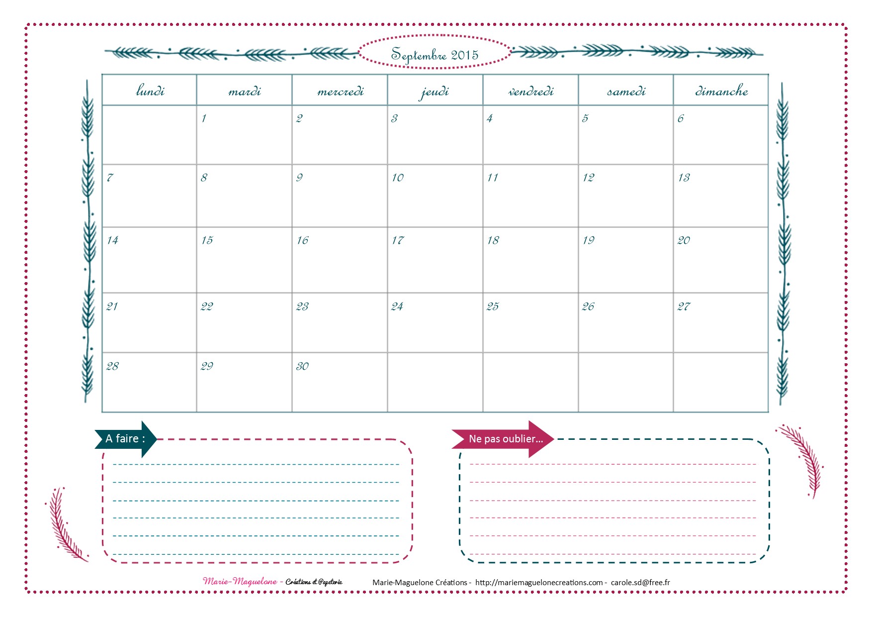 # 4 : noter la rentrée... sur le calendrier de septembre 2015, à ...