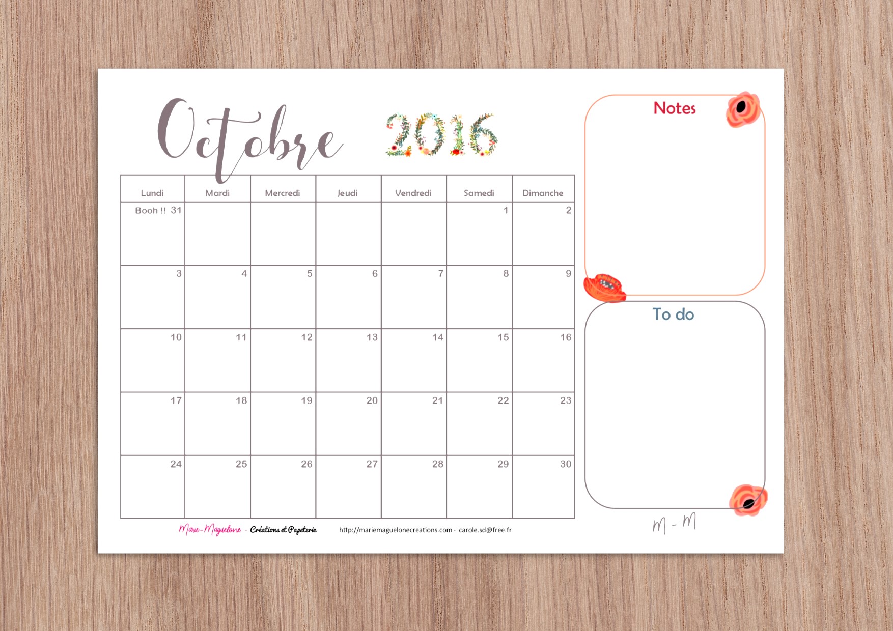 Octobre 2016, free printable