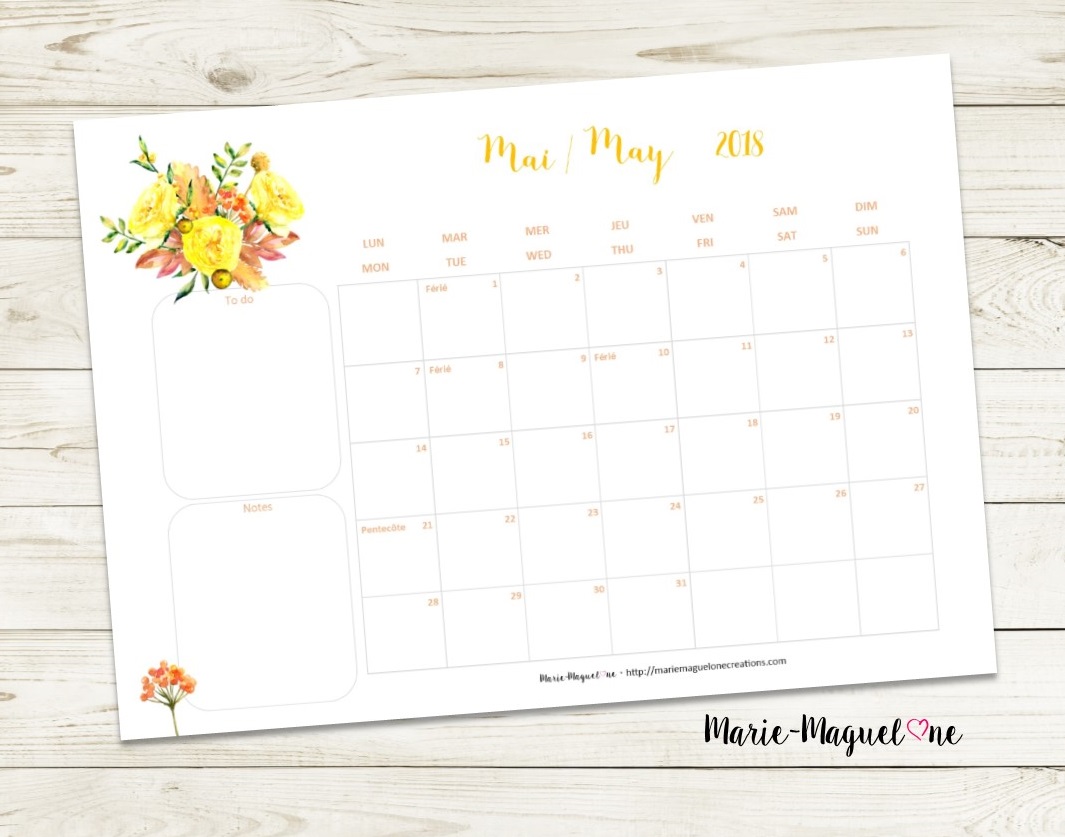 Calendrier et bonus pour mai 2018, printables fleuris offerts